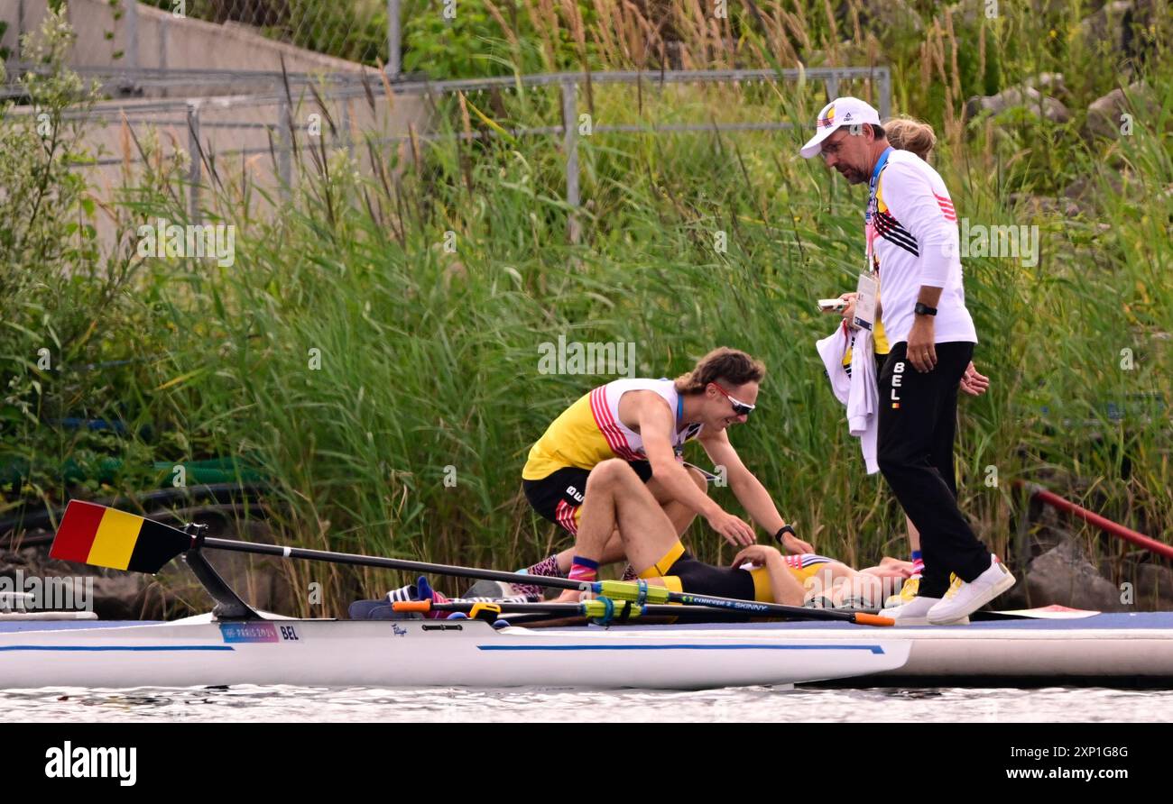 Paris, France. 03rd Aug, 2024. Belgian rower Tim Brys celebrates after ...