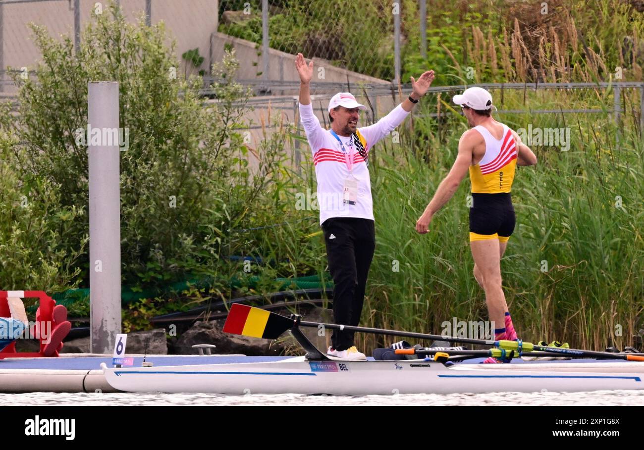 Paris, France. 03rd Aug, 2024. Belgian rower Tim Brys celebrates after ...