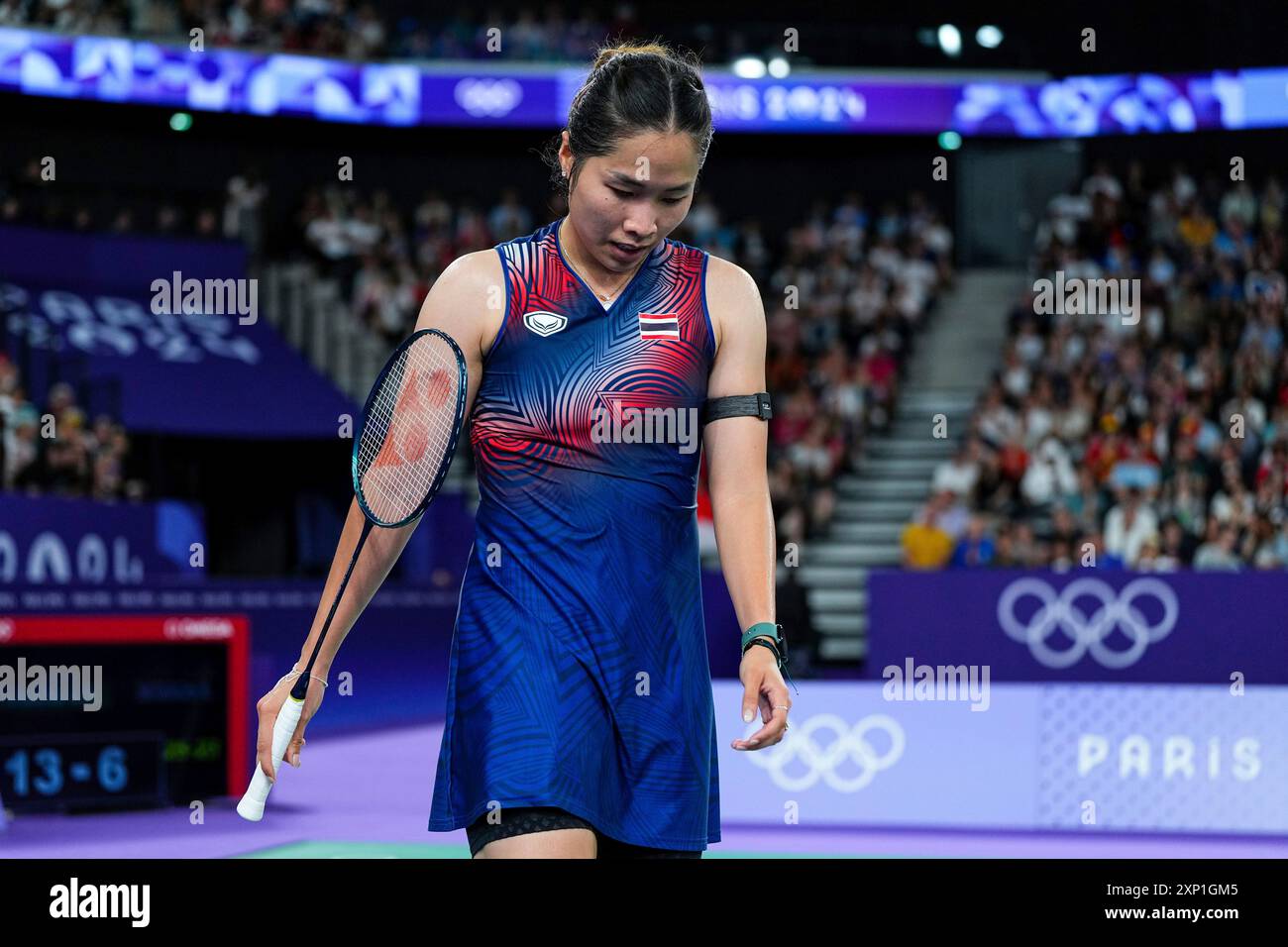 Ratchanok Intanon of Thailand gestures against Gregoria Mariska Tunjung of Indonesia during ...