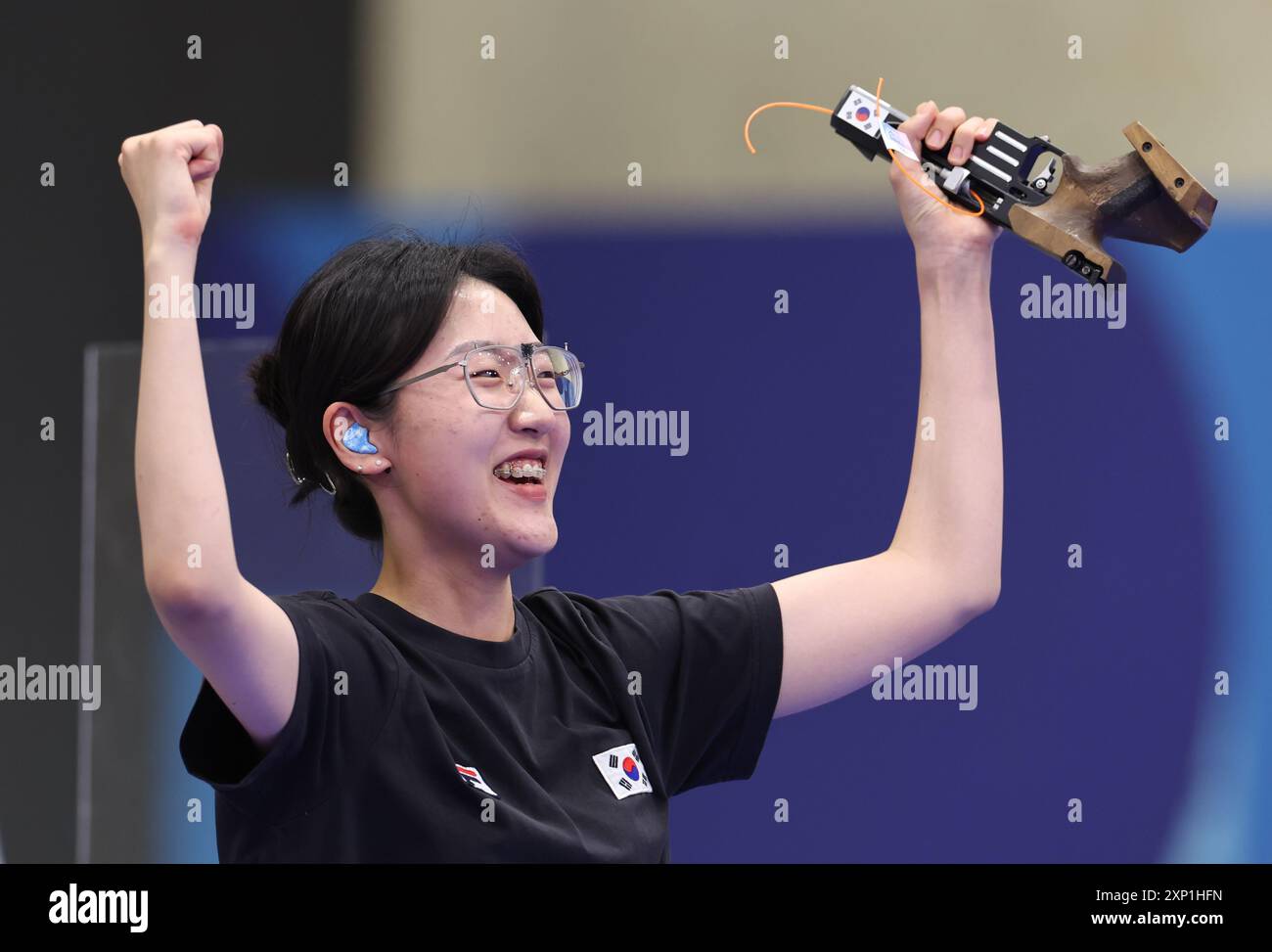 Chateauroux, France. 3rd Aug, 2024. Yang Jiin of South Korea reacts during the 25m pistol women ...