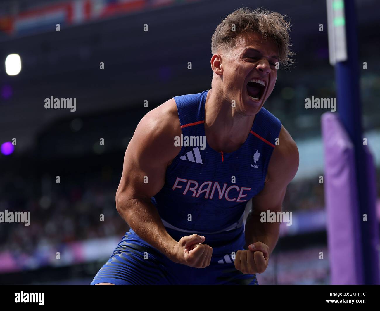 Paris, France. 3rd Aug, 2024. Thibaut Collet of France celebrates after ...