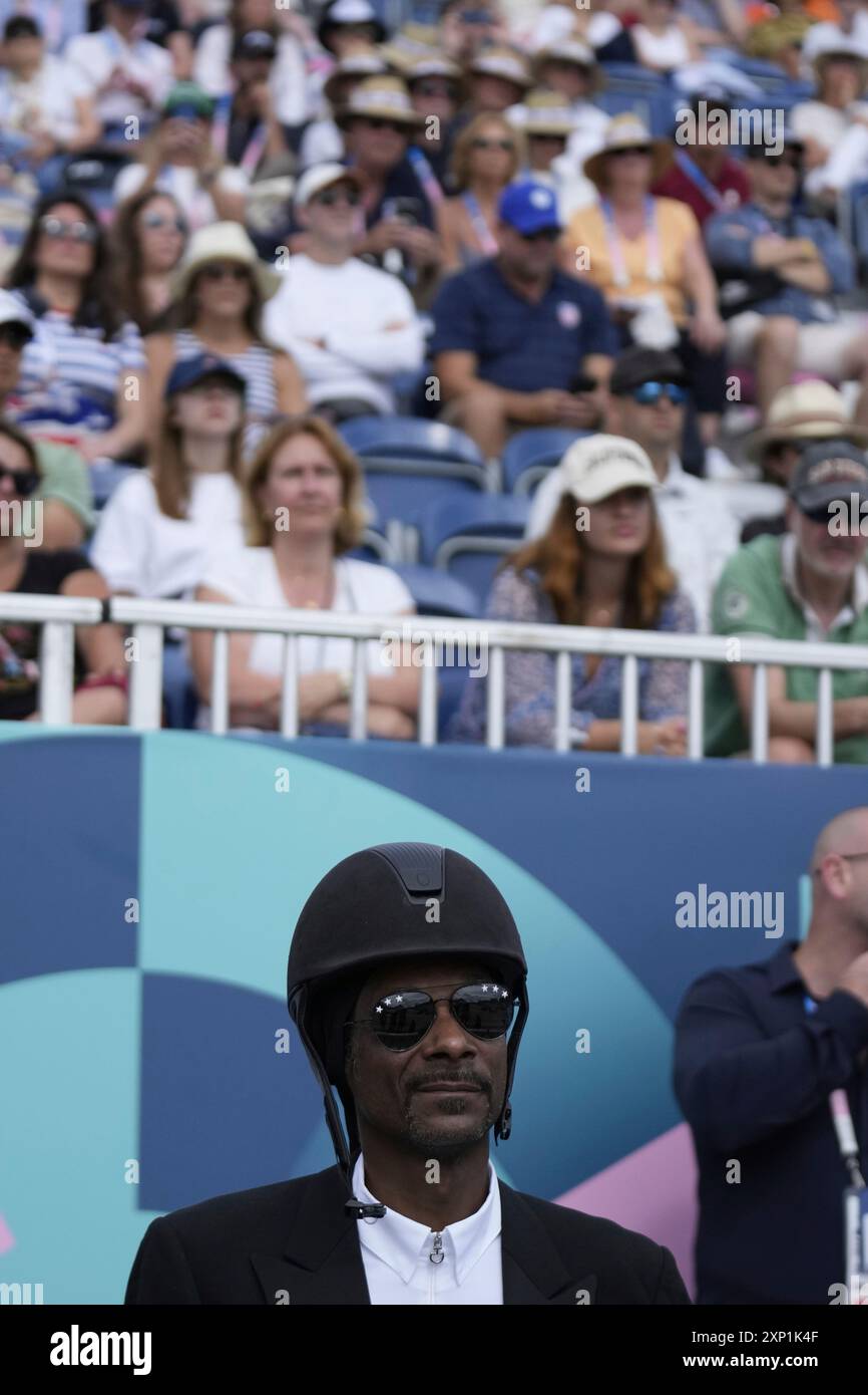 Snoop Dogg during the dressage team Grand Prix final at the 2024 Summer ...