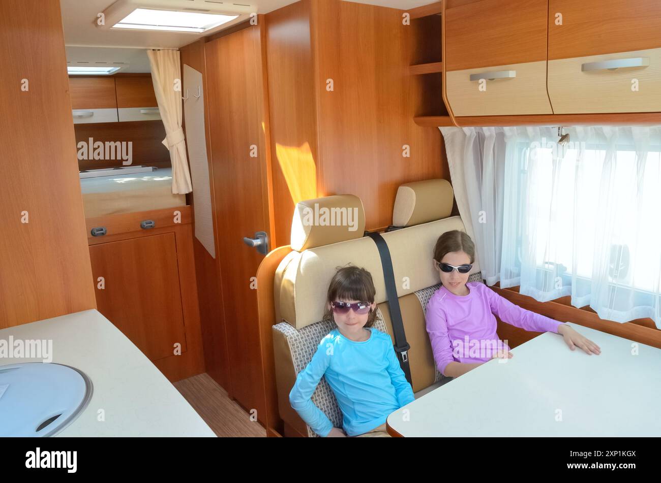 Family vacation, RV holiday trip, camping, happy smiling kids travel on ...