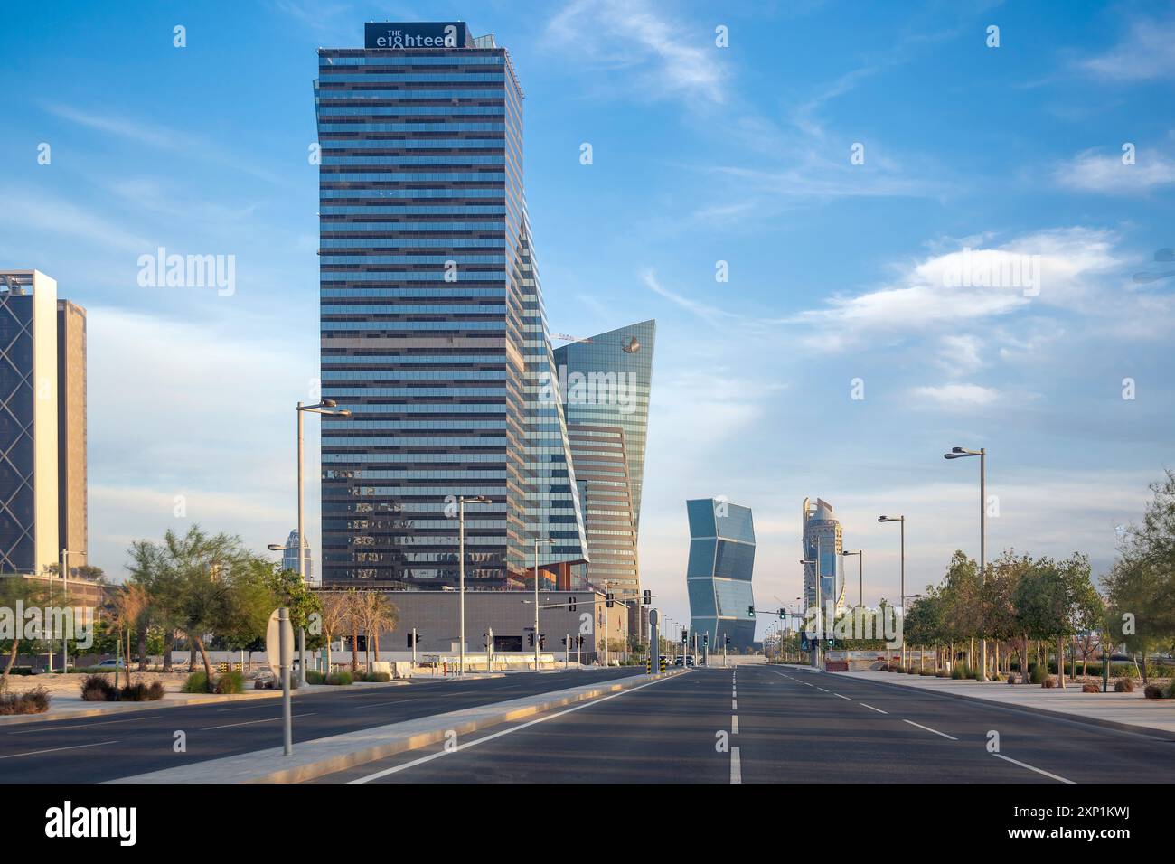 Katara buildings view from Lusail Marina Park. Crescent Tower. Fairmont ...