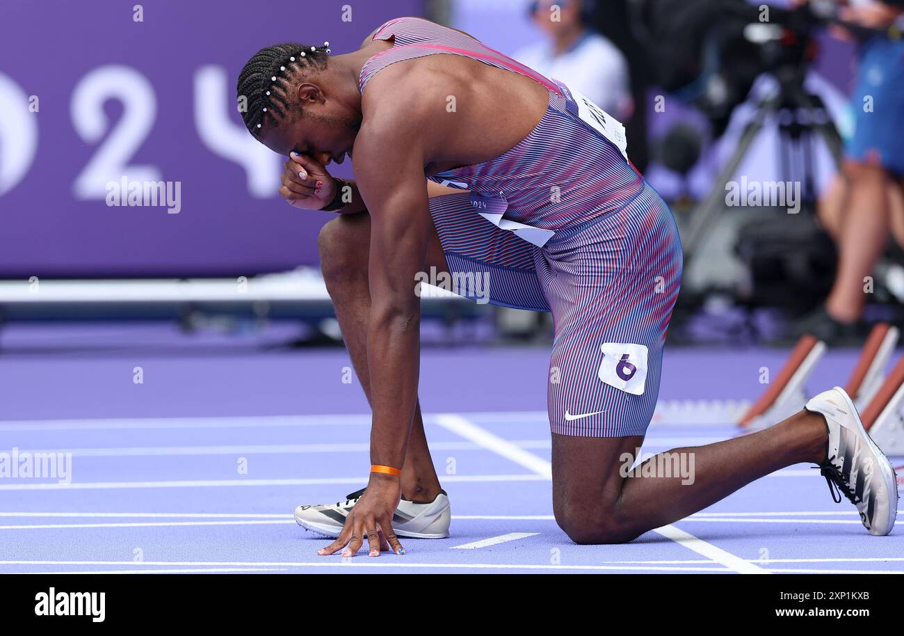 Paris, France. 3rd Aug, 2024. Noah Lyles of the United States reacts ...