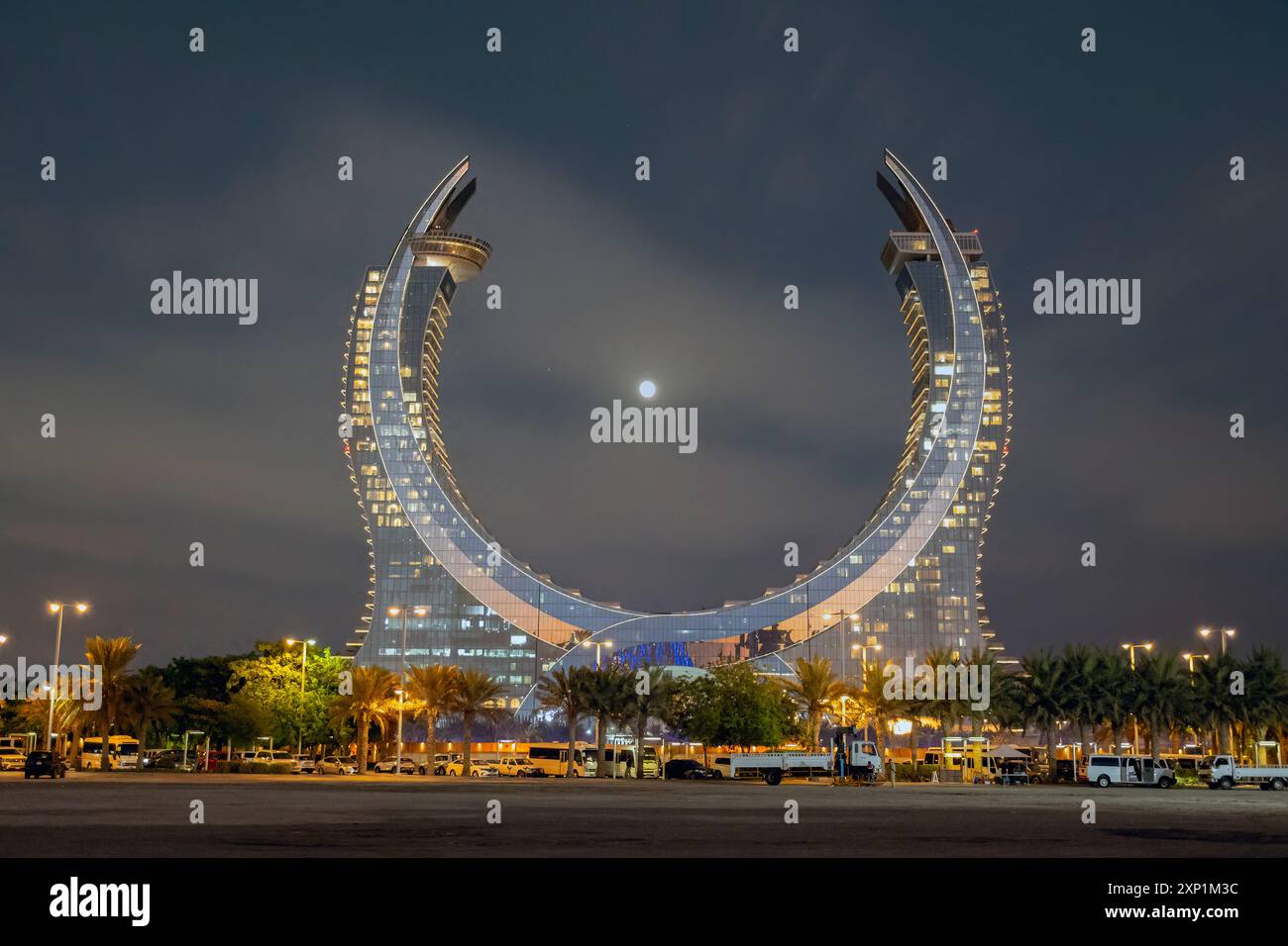 Katara buildings view from Lusail Marina Park. Crescent Tower. Fairmont ...