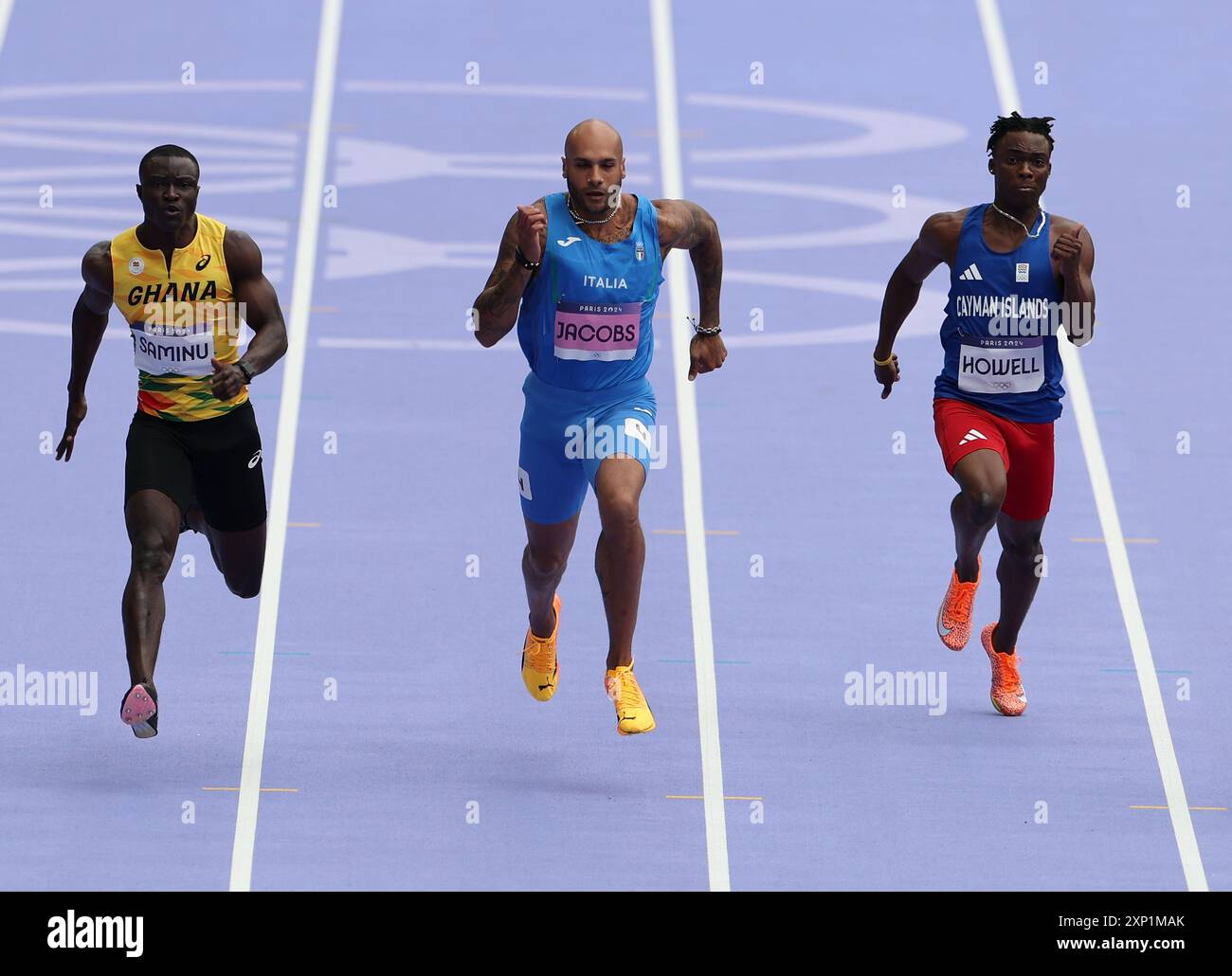 Paris, France. 3rd Aug, 2024. Lamont Marcell Jacobs (C) of Italy ...