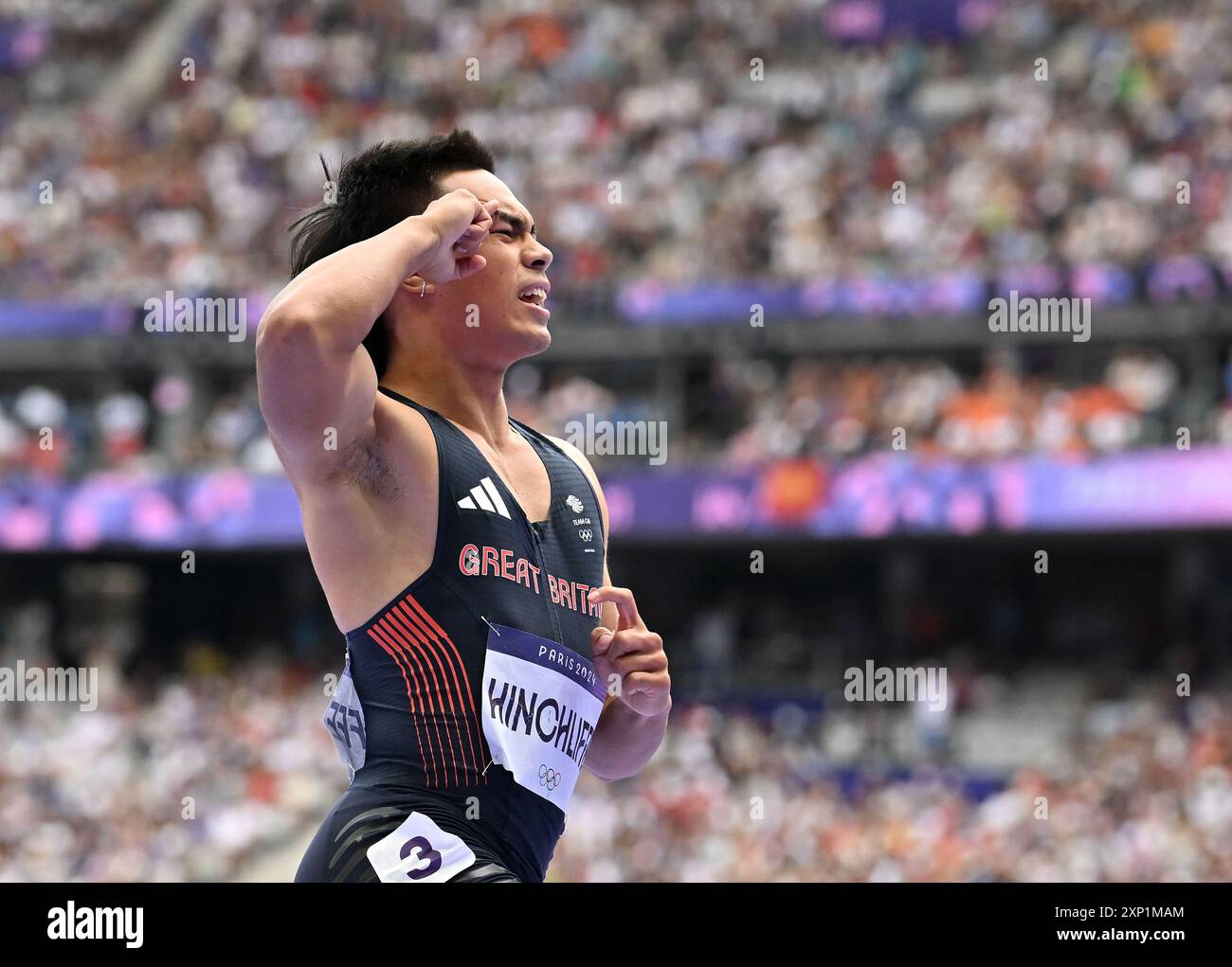 Paris, France. 3rd Aug, 2024. Louie Hinchliffe of Britain reacts after ...