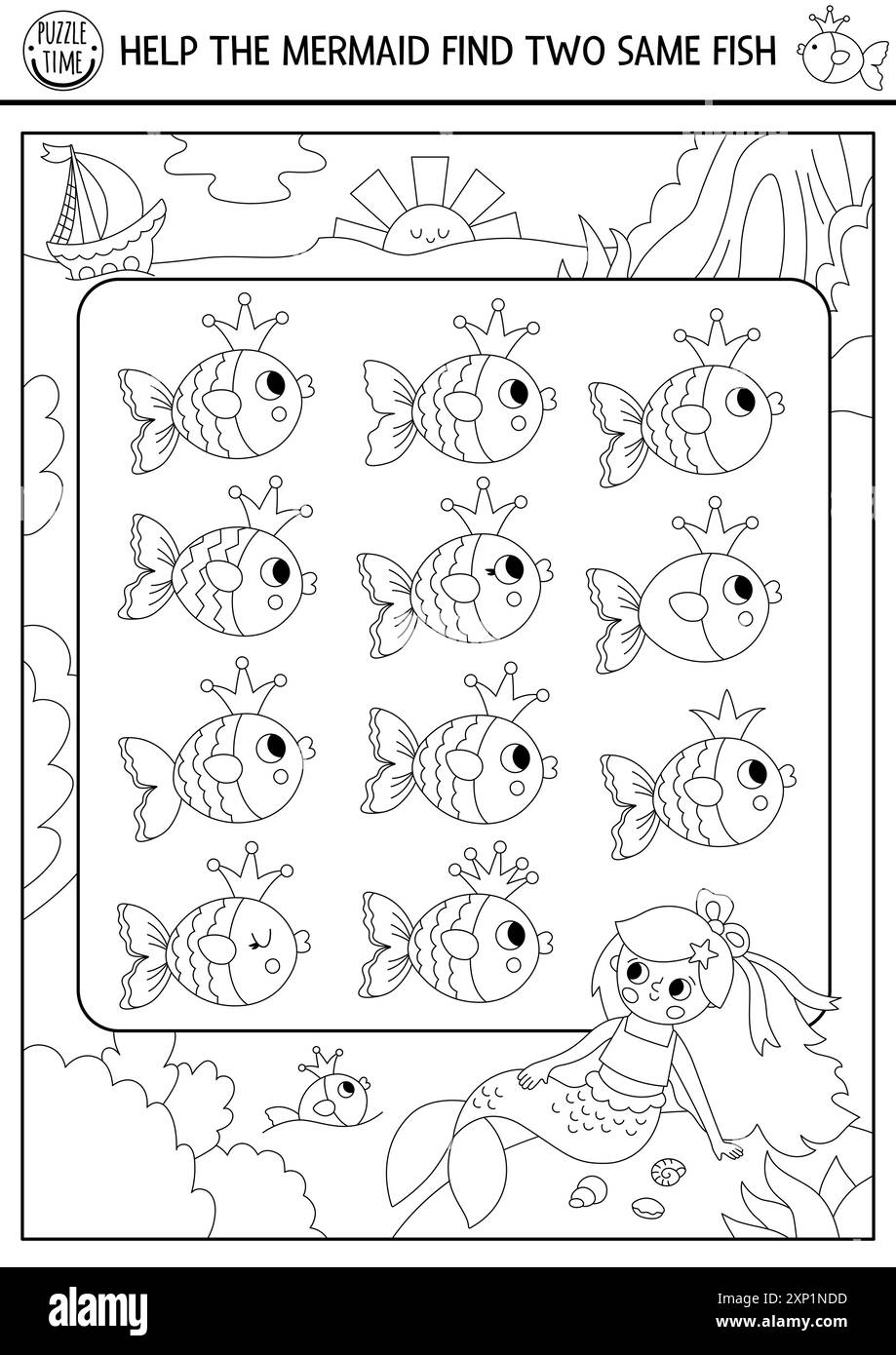 Find two same fish. Black and white fairytale ocean kingdom matching ...