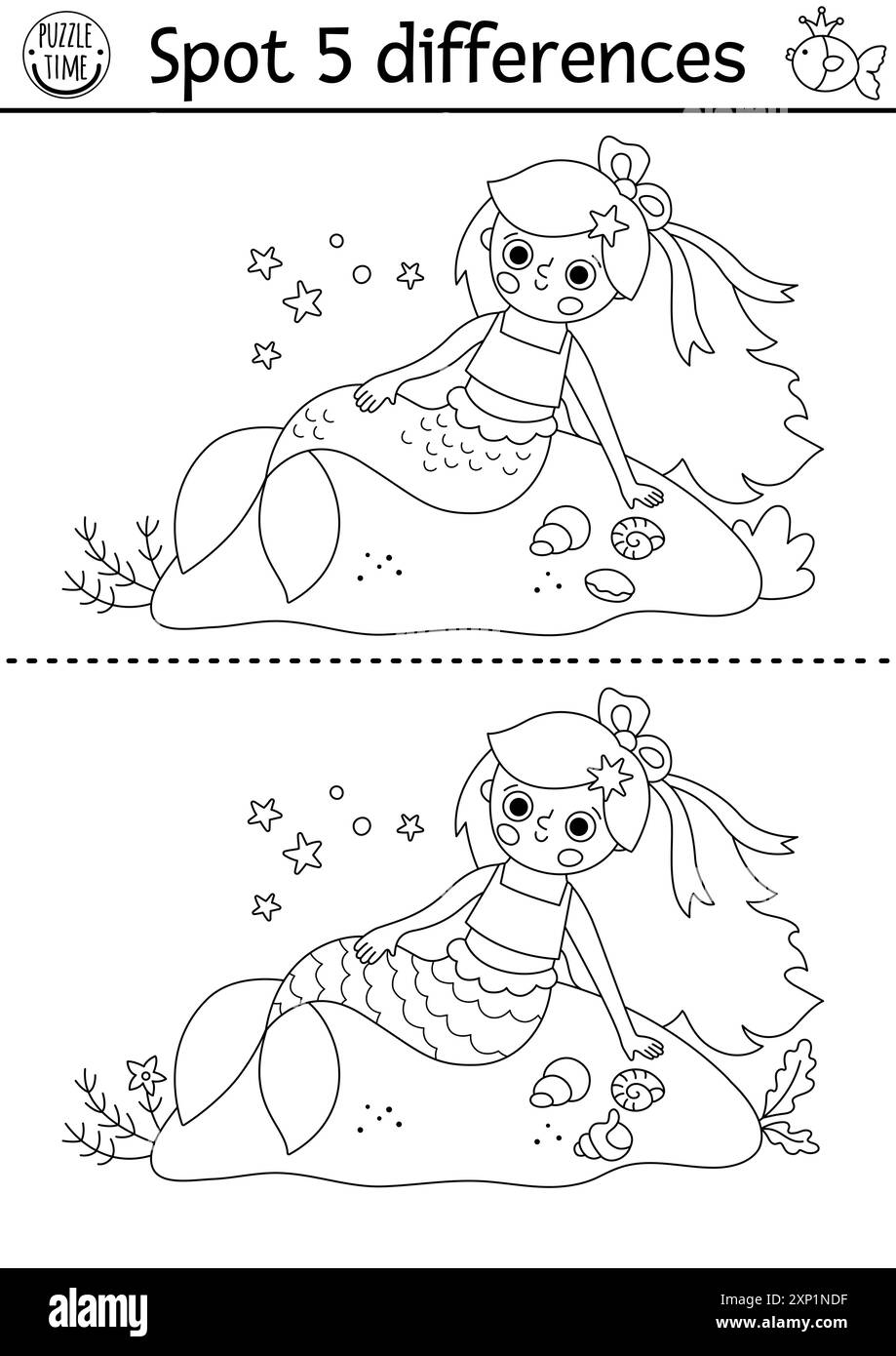 Find differences game for children. Mermaid black and white activity ...