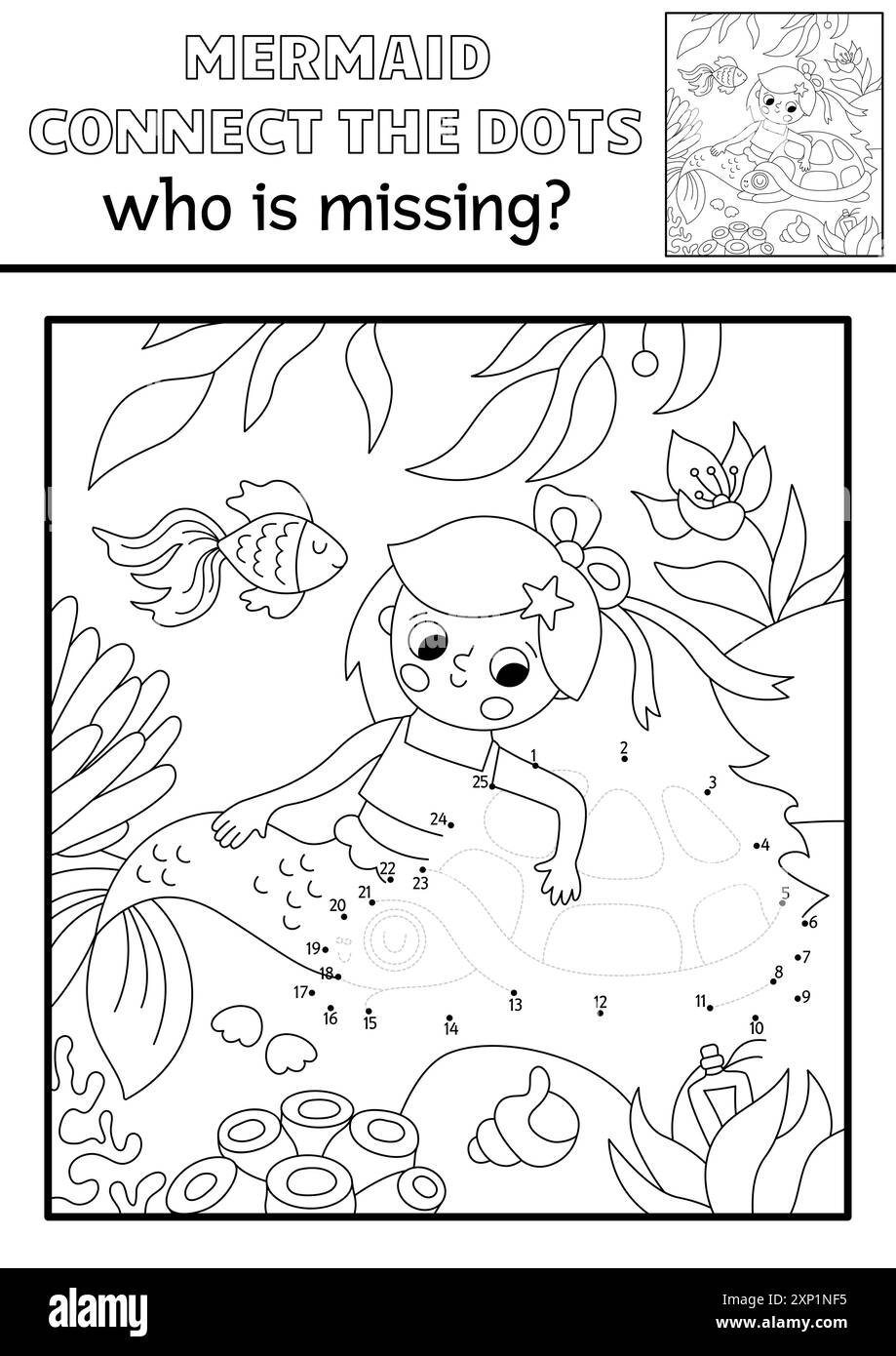 Vector mermaid black and white dot-to-dot activity with sea princess ...