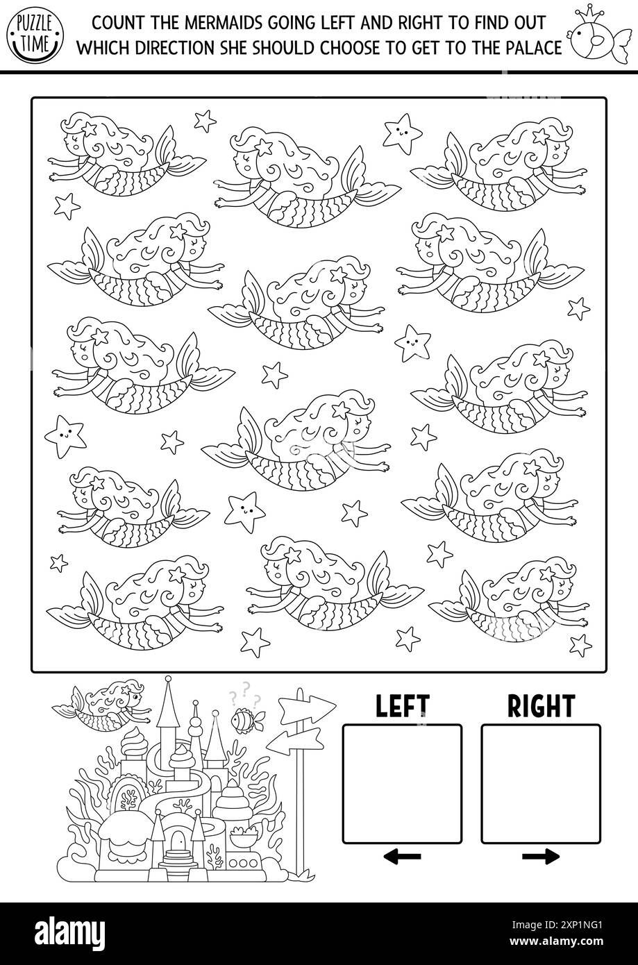Mermaid logic black and white game with right and left concept for kids ...