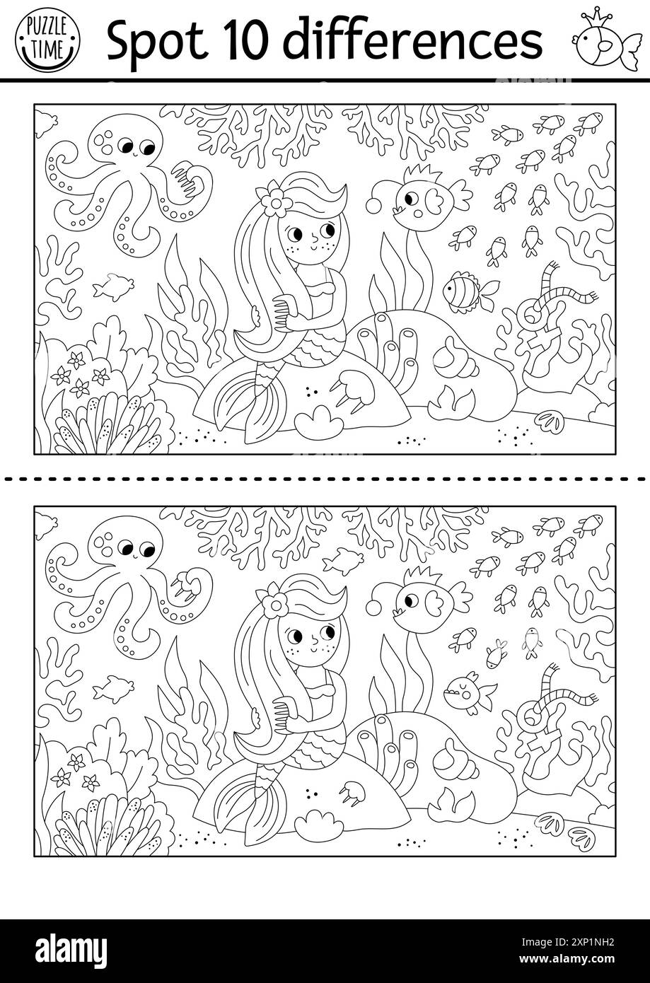 Find differences game. Mermaid black and white educational activity ...