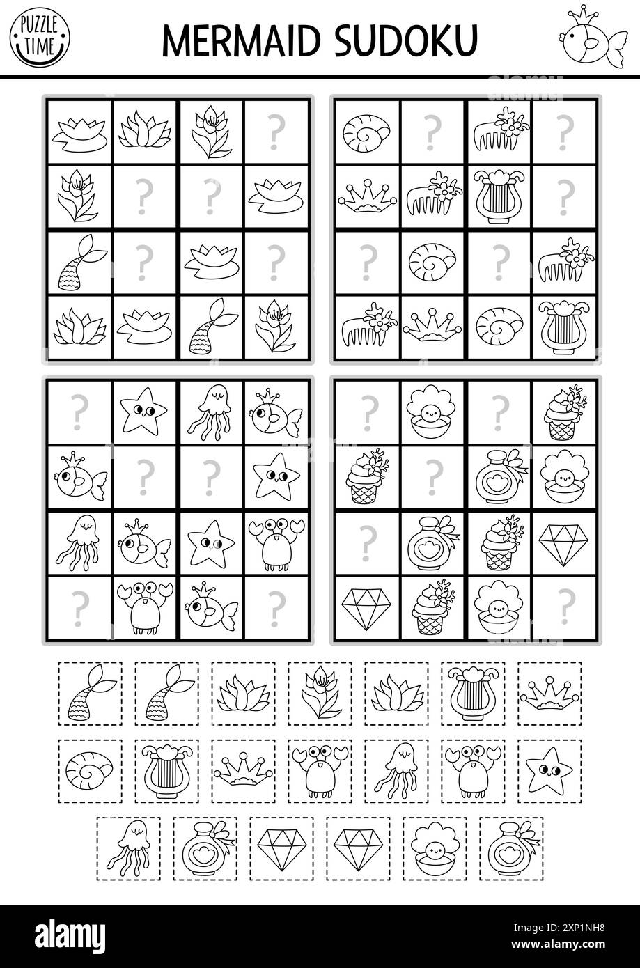 Vector mermaid black and white sudoku puzzle for kids with pictures ...