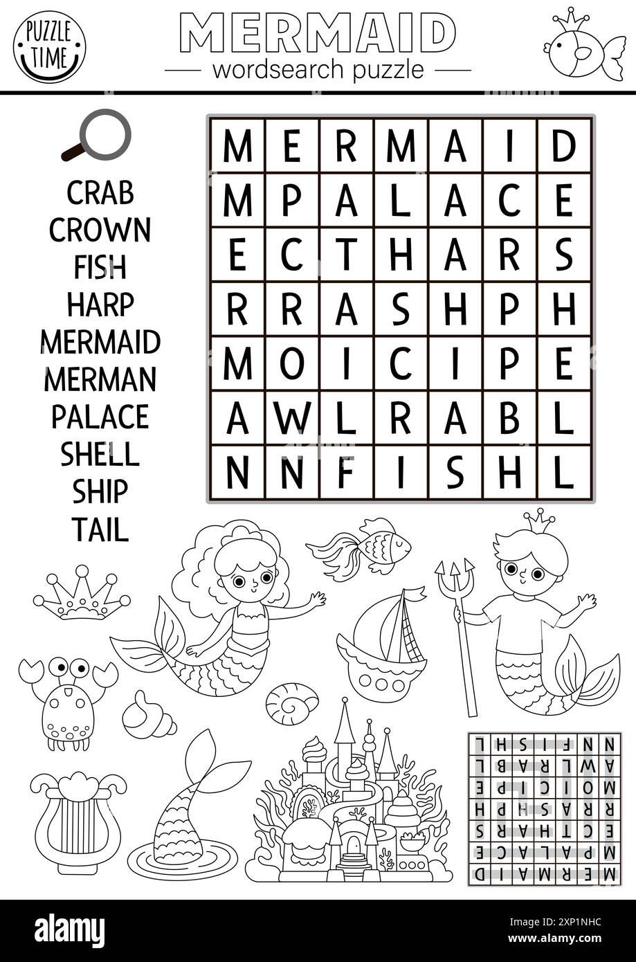 Vector mermaid black and white wordsearch puzzle for kids. Marine word ...
