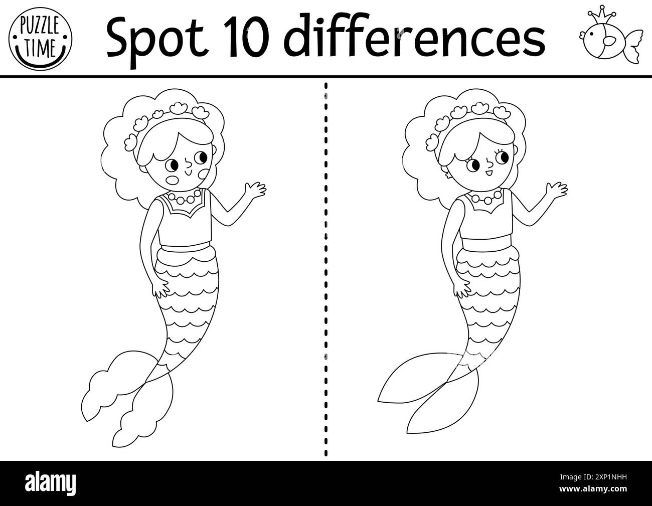 Find differences game for children. Mermaid black and white educational ...