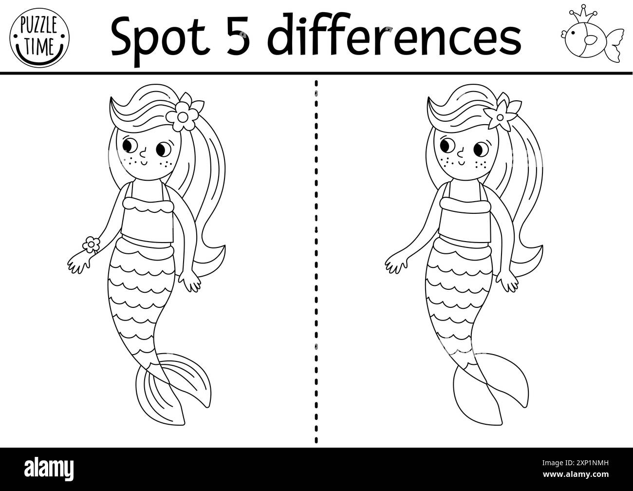 Find differences game for children. Mermaid black and white educational ...