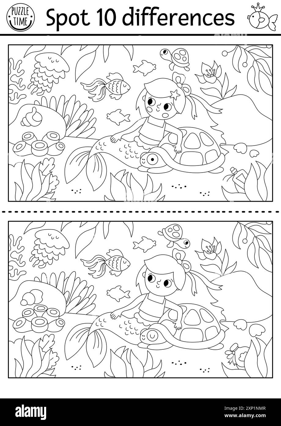 Find differences game. Mermaid black and white educational activity ...