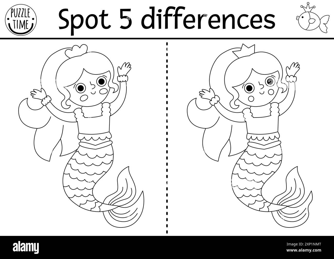 Find differences game for children. Mermaid black and white educational ...