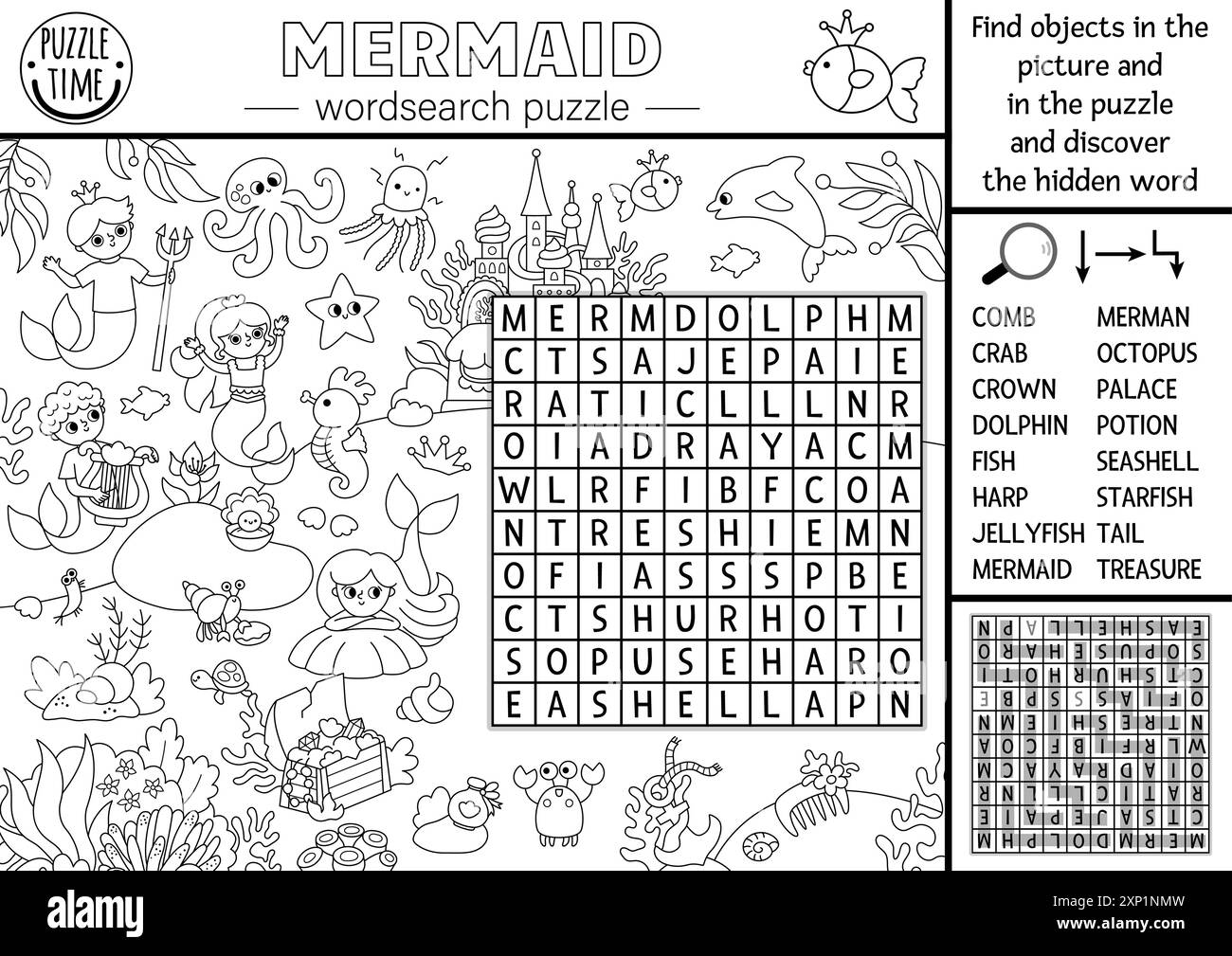 Vector mermaid black and white wordsearch puzzle for kids. Marine word ...