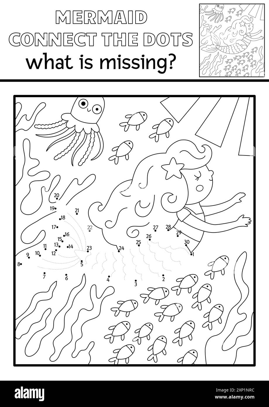 Vector mermaid black and white dot-to-dot activity with sea princess ...
