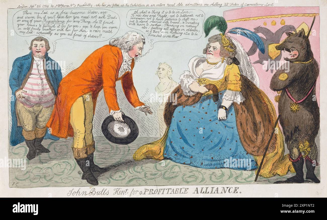 A funny humorous cartoon print coloured engraving of John Bull's hint ...