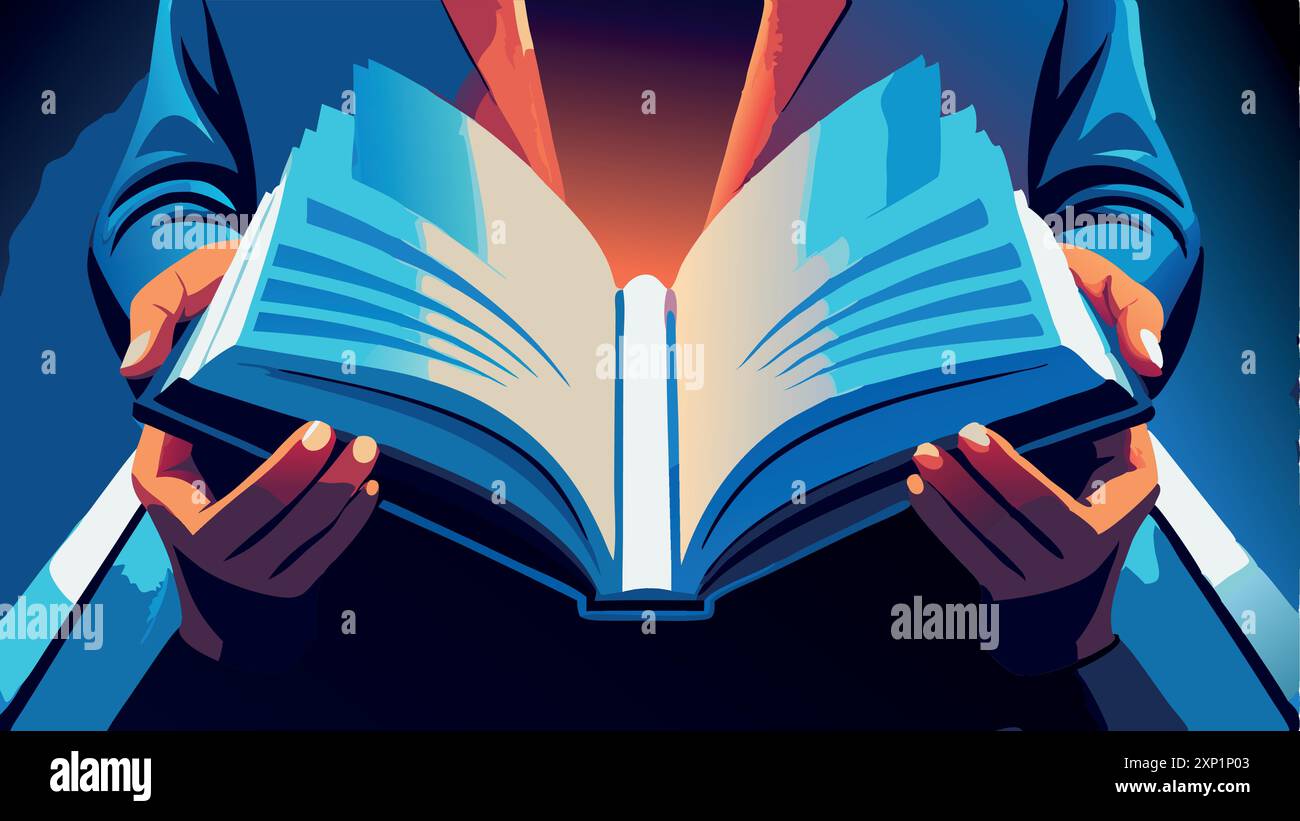 Illustration of an open book held by hands, with a glowing light ...