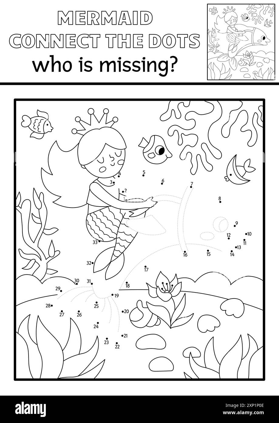 Vector mermaid black and white dot-to-dot activity with sea princess ...