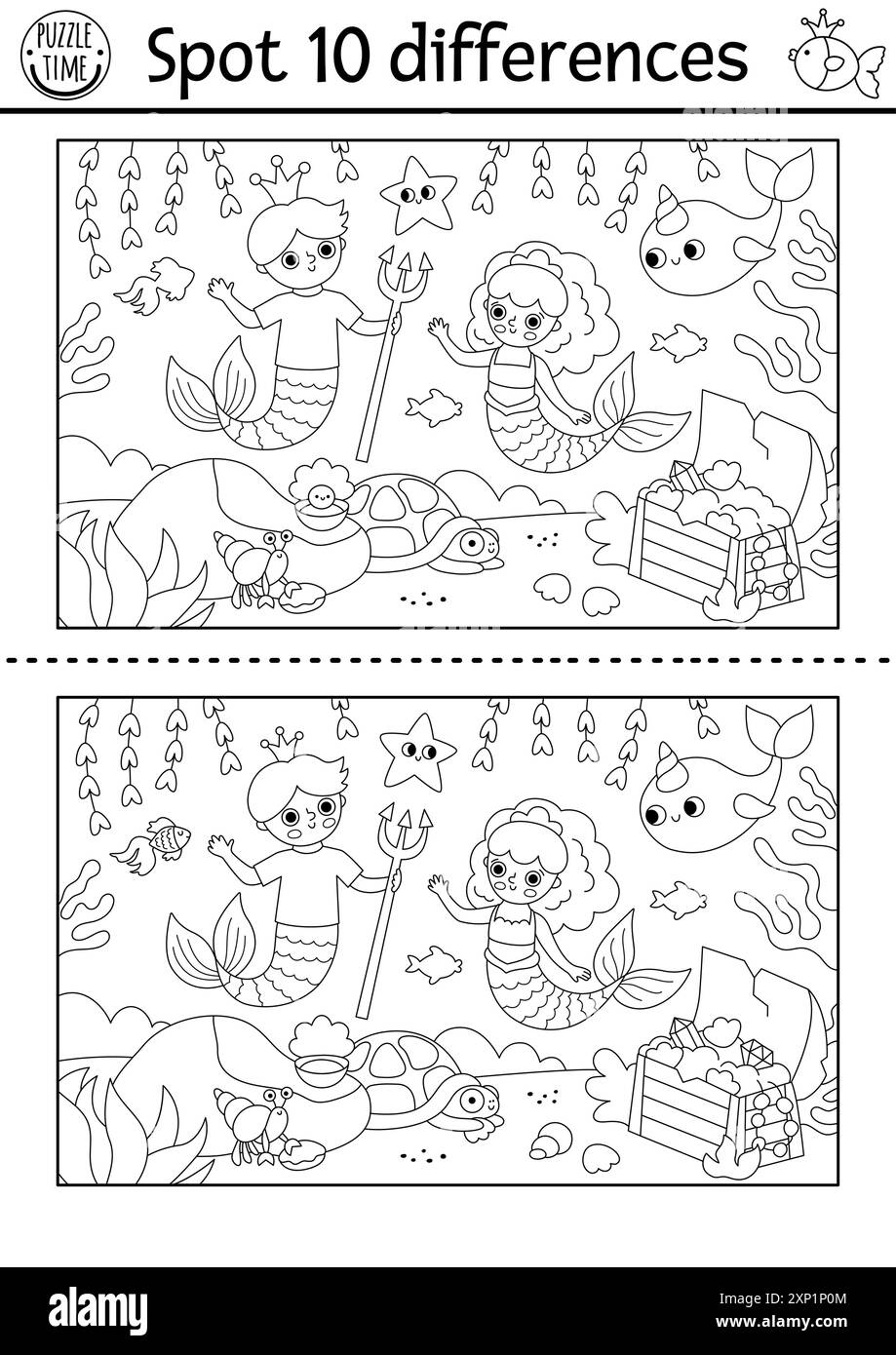 Find differences game. Mermaid black and white educational activity ...