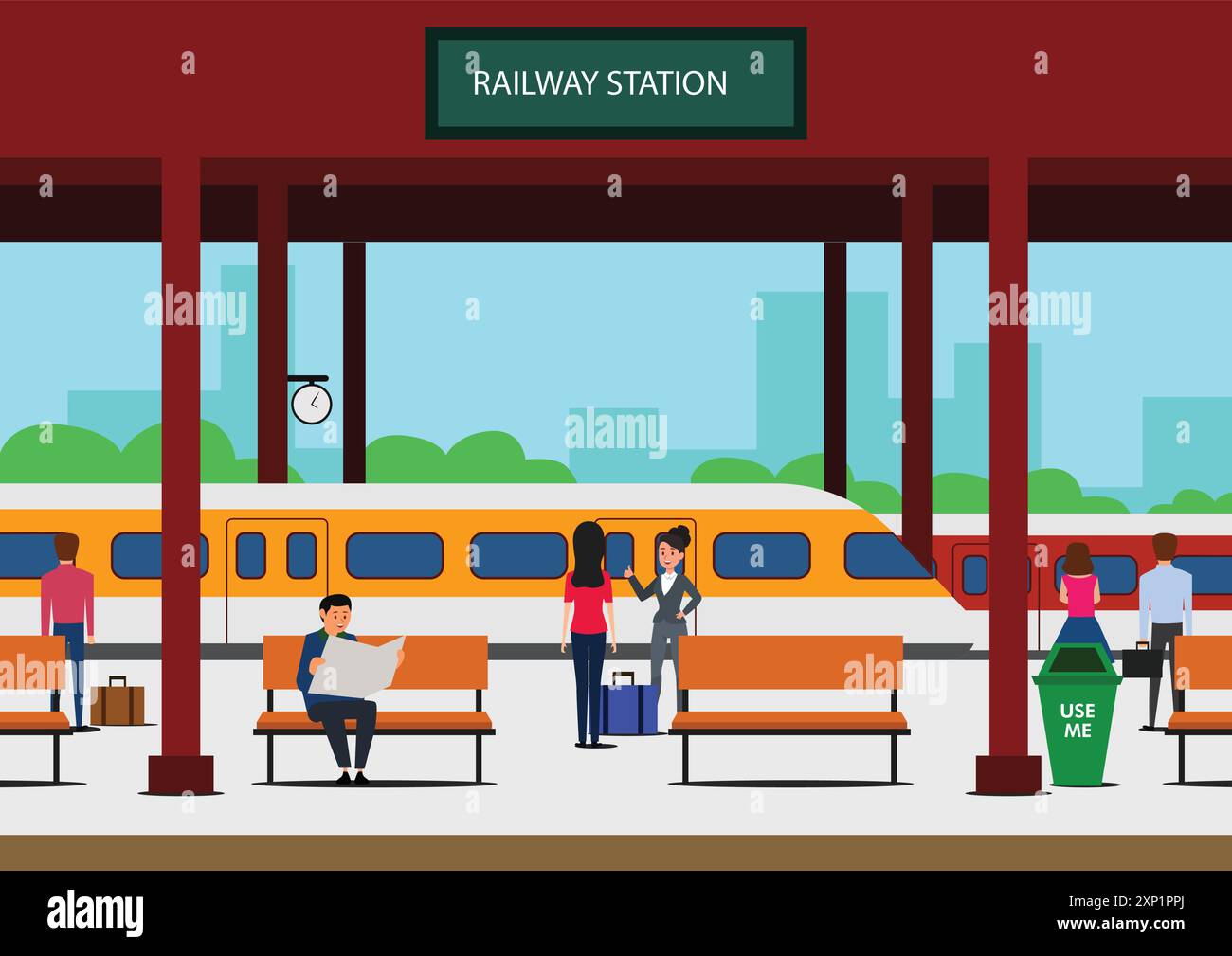 Vector illustration of railway station image with train and passengers ...