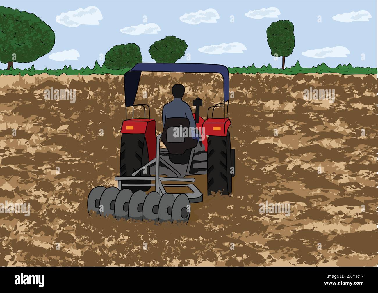 Back view of man ploughing in farm with tractor vector Stock Vector ...