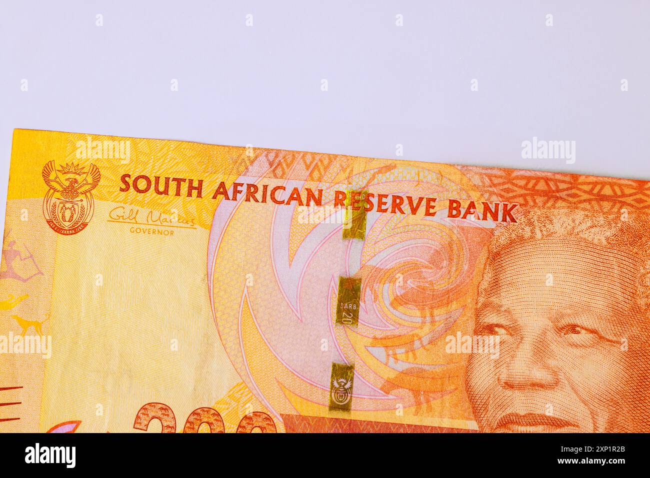Portrait Nelson Rolihlahla Mandela is from South Africa 200 rand is national currency of country ...