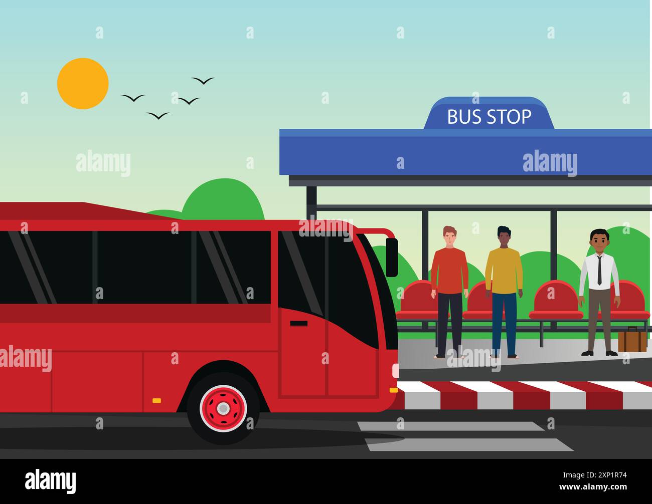 Vector illustration of bus stop, passenger waiting at bus stop. public ...