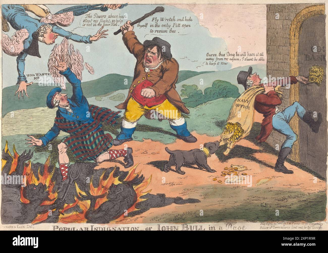 A humorous cartoon print coloured engraving of Popular Indignation of ...