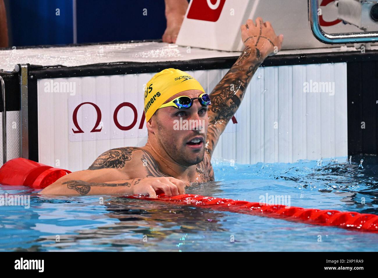 Paris, France. 03rd Aug, 2024. Australian swimmer Kyle Chalmers reacts ...