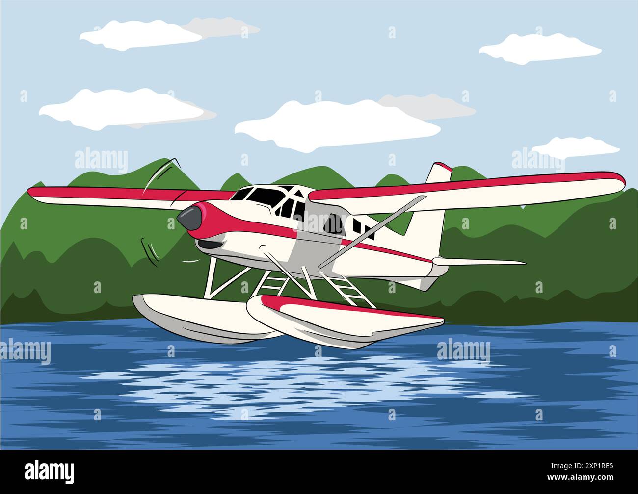 Vector illustration of seaplane in the sea with green mountains in ...