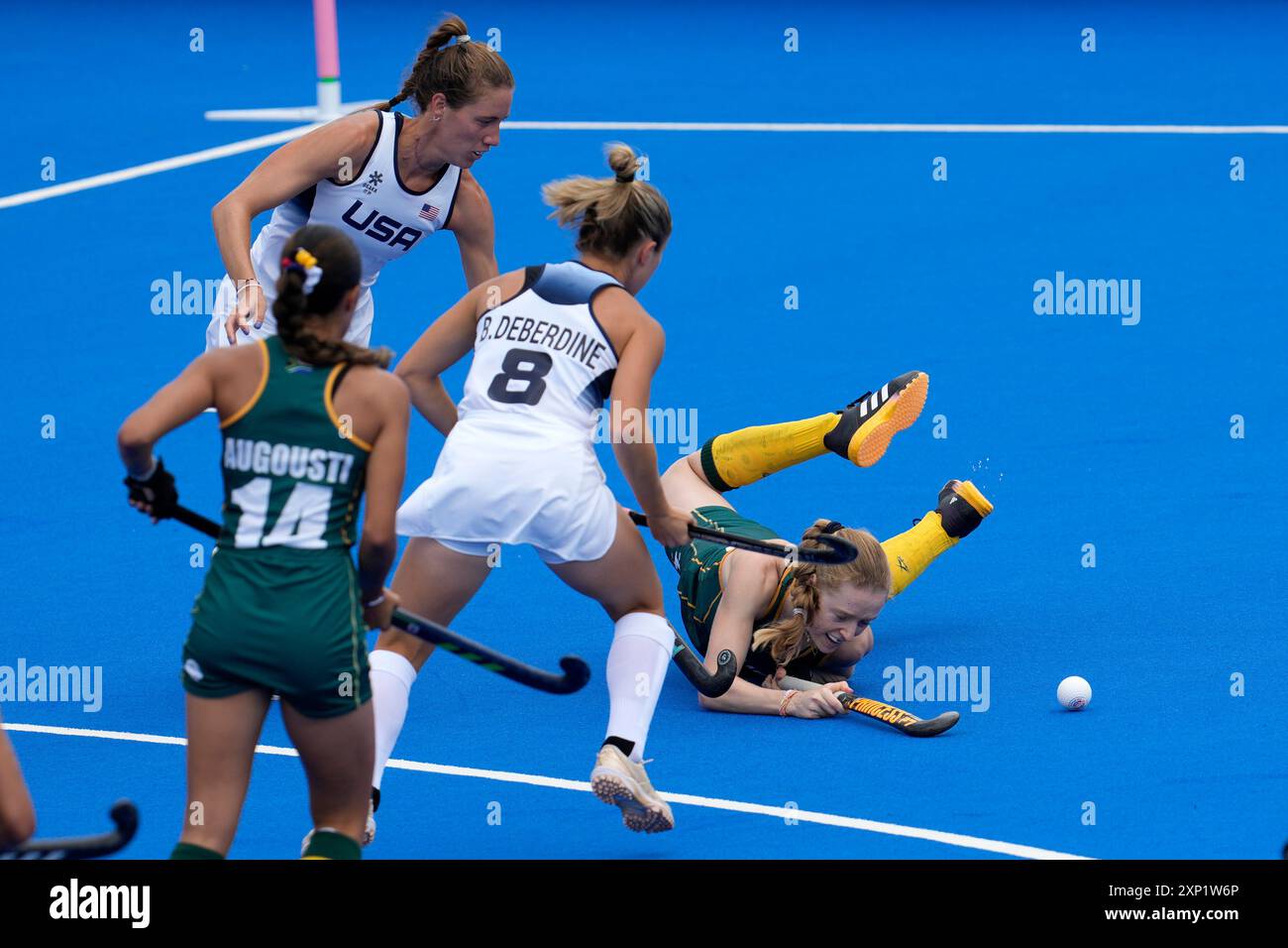 South Africa's Kayla De Waal, right, falls after being slipping during ...