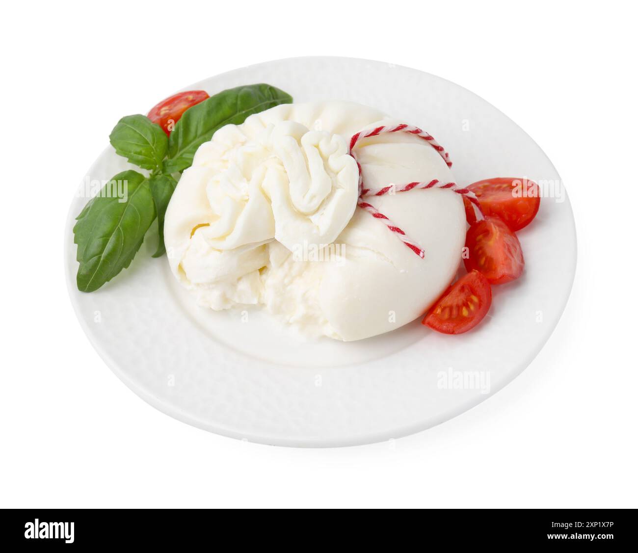 Delicious fresh burrata cheese, basil leaves and tomato isolated on ...