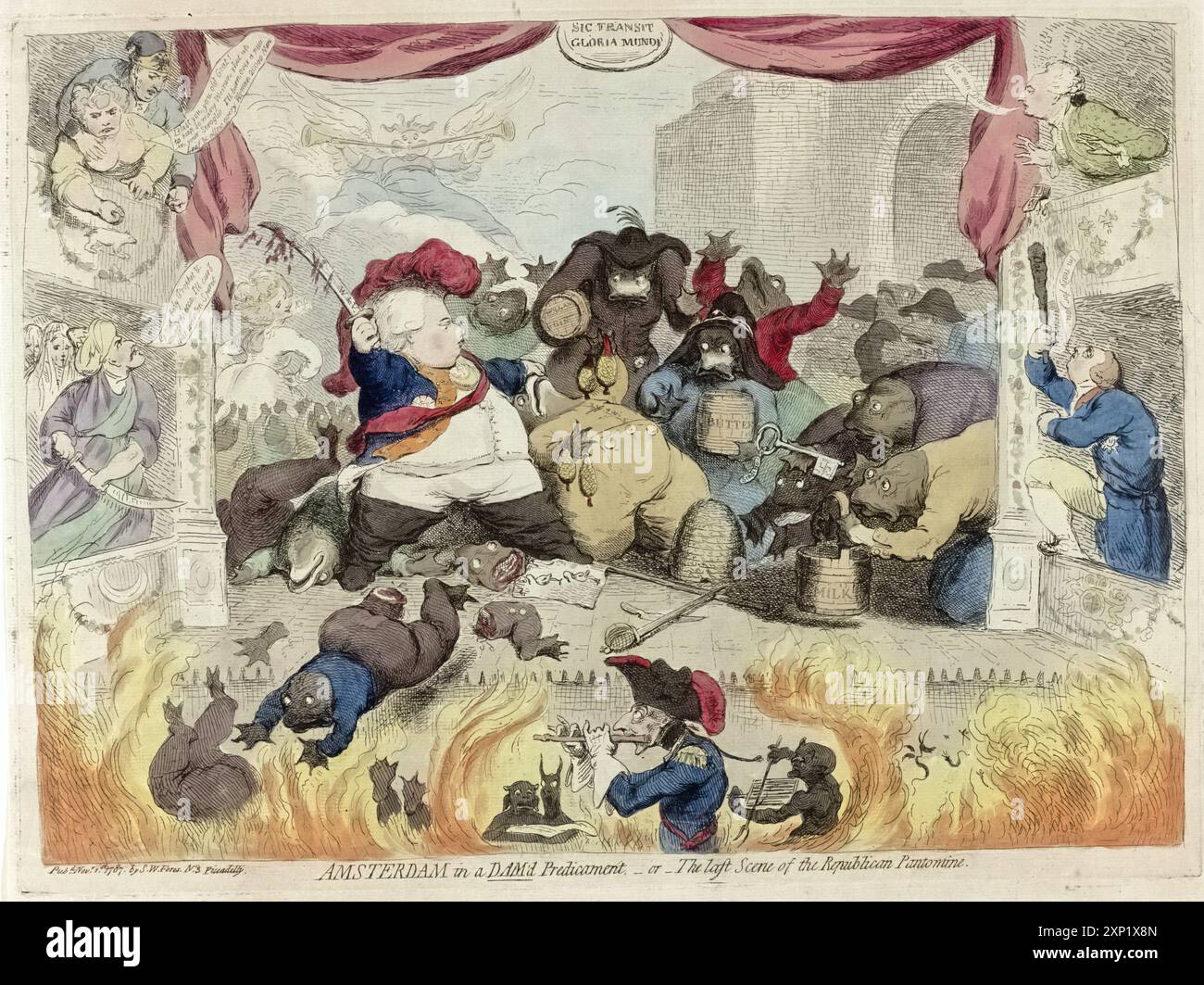 A humorous cartoon print coloured engraving of Amsterdam in a dam’d ...