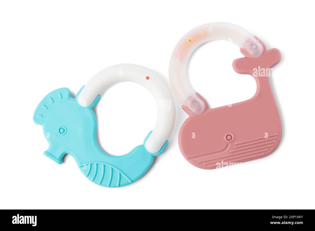 Colorful rattles isolated on white, top view. Baby accessories Stock ...