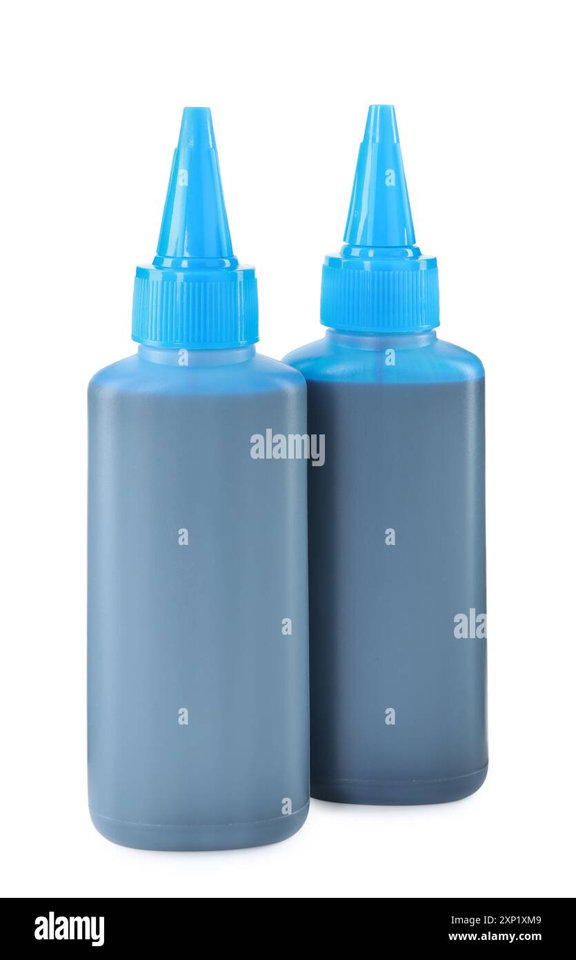 Bottles of light blue printer ink isolated on white Stock Photo - Alamy