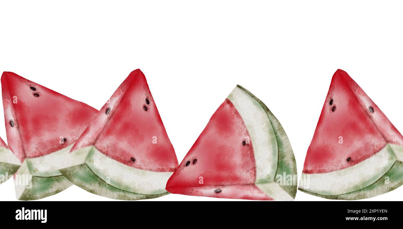 Watermelon watercolor. Juicy slices of ripe fruit hand drawn on ...