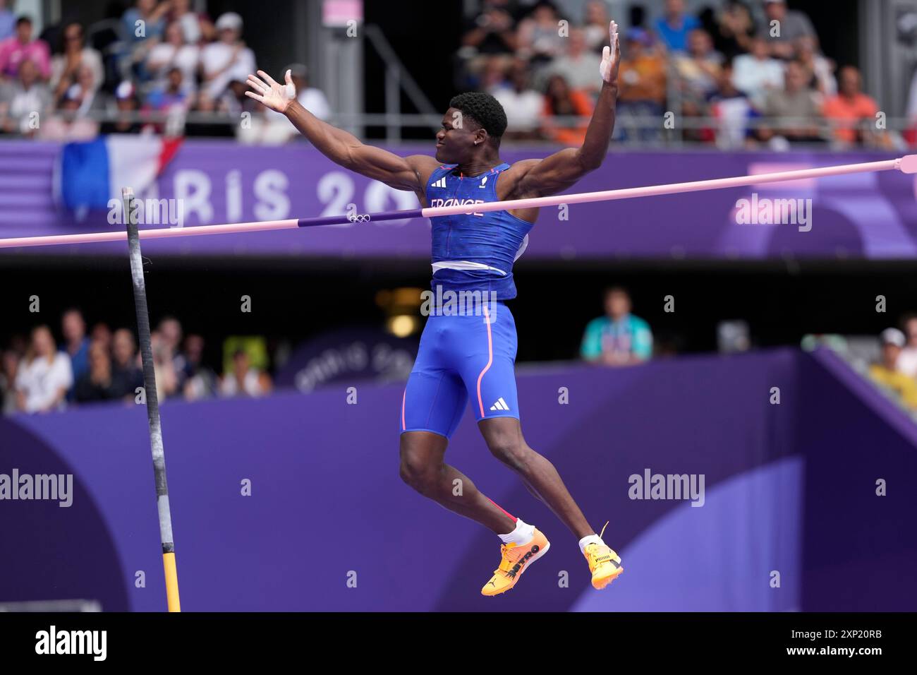 Makenson Gletty, of France, competes in the decathlon pole vault at the ...