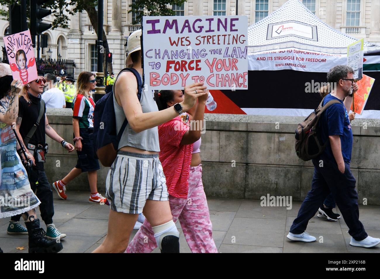 London, UK. 3rd Aug 2024. Trans rights protest against the ban on ...
