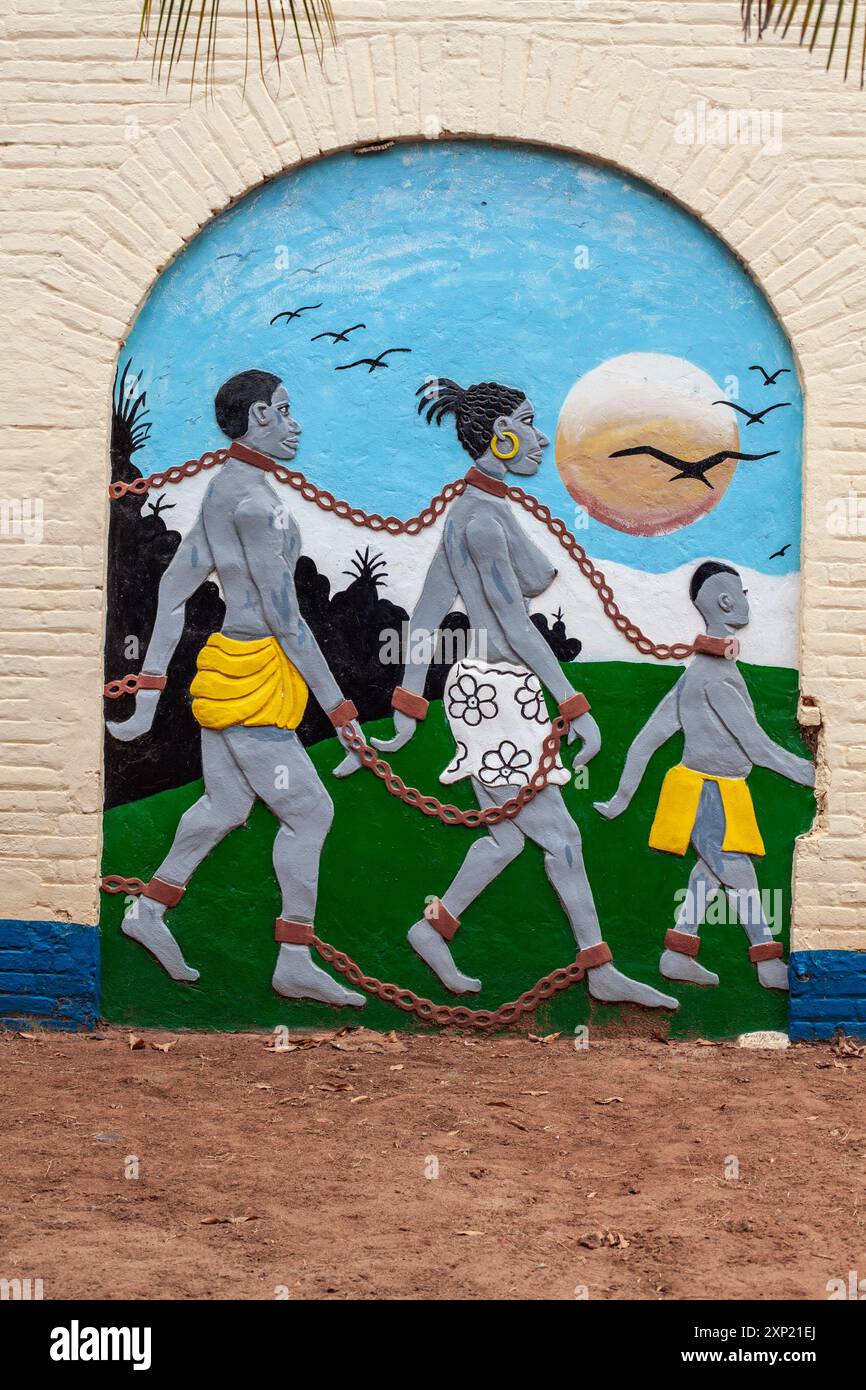 Colorful mural on Kunta Kinteh Island in Gambia, depicting the history ...
