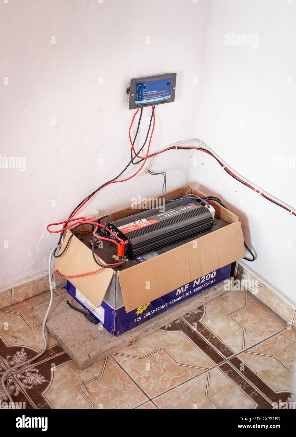 Improvised electrical system with an inverter and battery in a corner ...