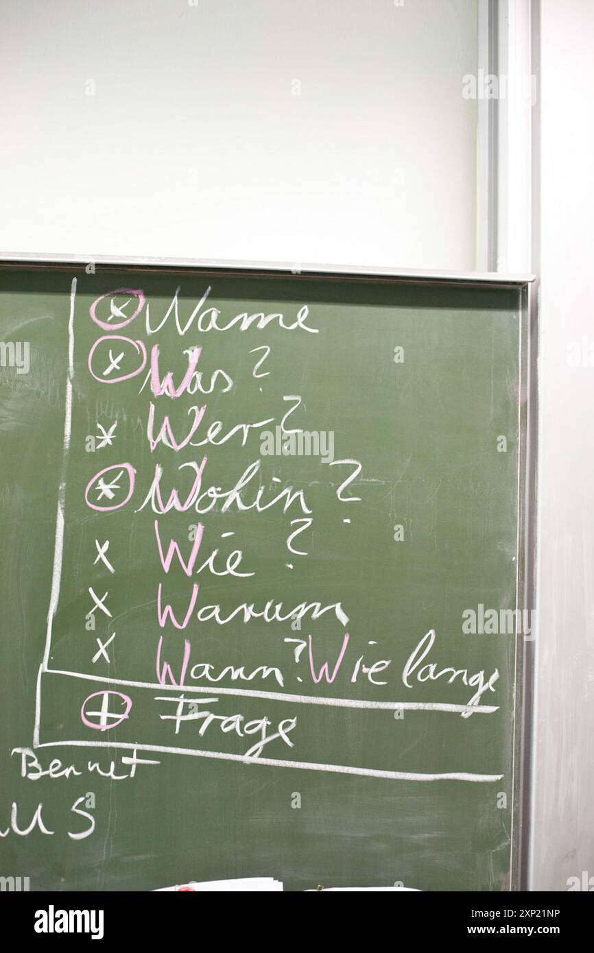 Chalkboard with German questions listed, representing educational ...