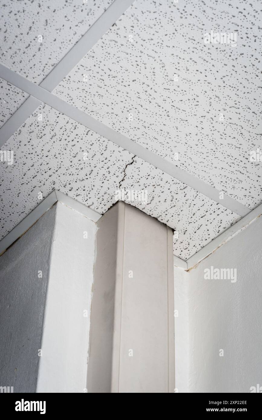 A close-up of a damaged ceiling with a noticeable crack. Represents ...
