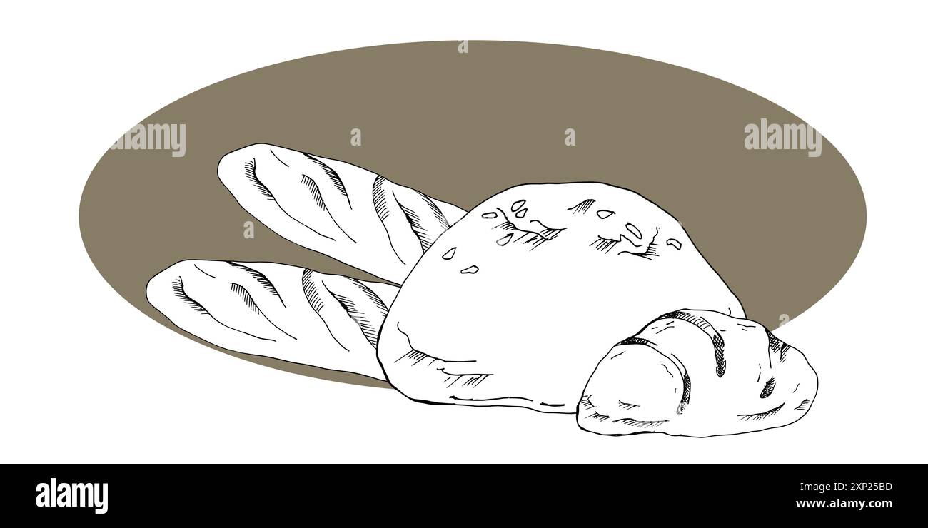 French baguette, loaf of bread and roll ink graphics. Fresh organic ...