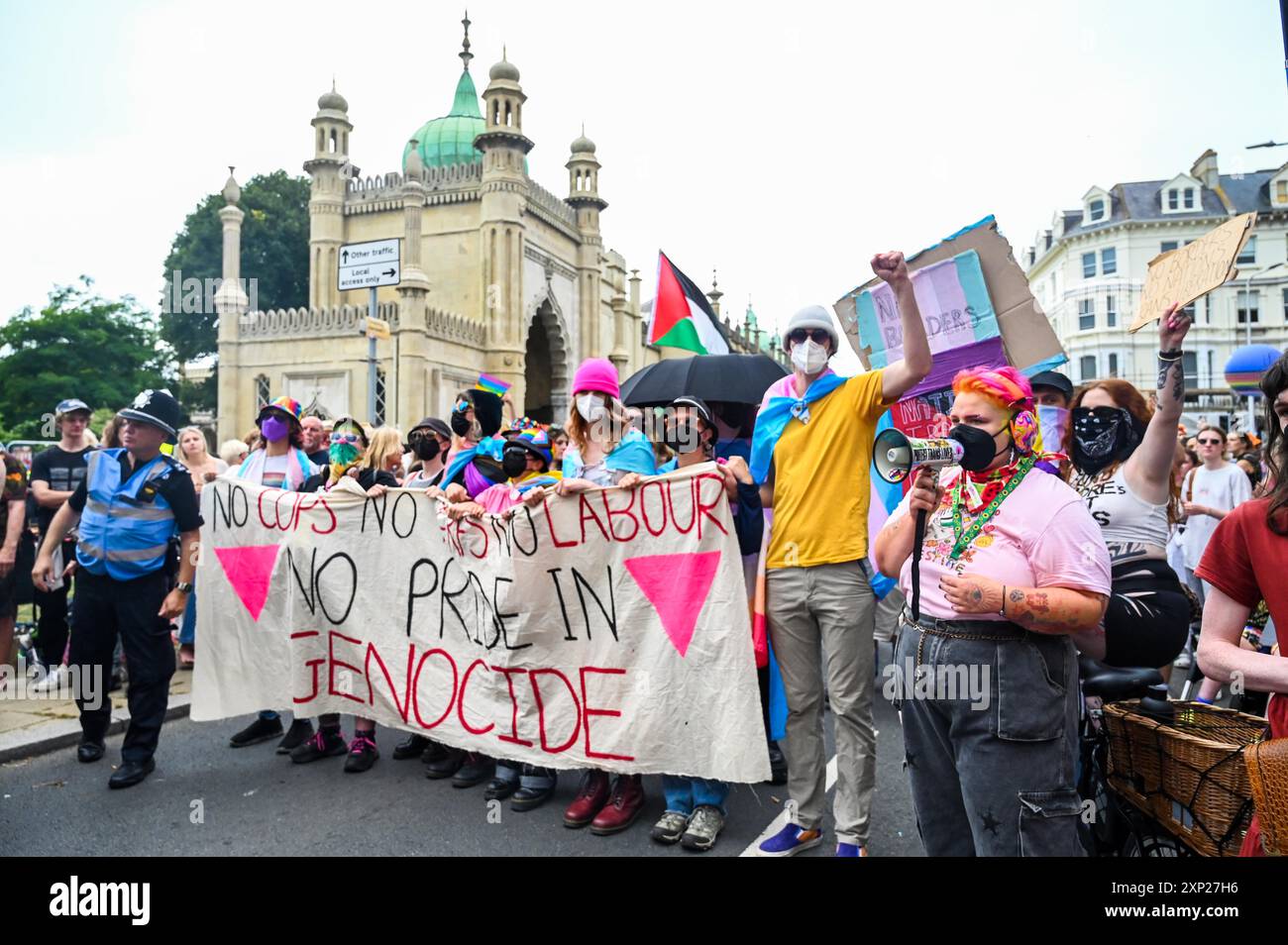 Brighton UK 3rd August 2024 - A Pro Palestine protest surrounds and ...
